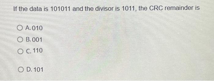 Solved If the data is 101011 and the divisor is 1011 , the | Chegg.com