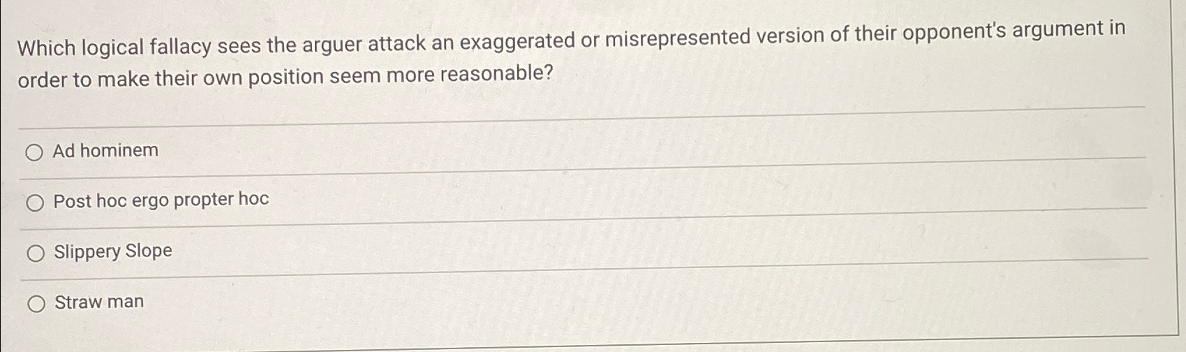 Solved Which logical fallacy sees the arguer attack an | Chegg.com