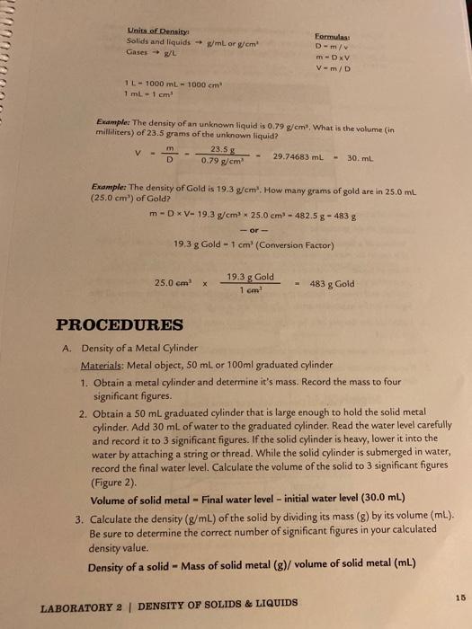 Laboratory 2 Density of Solids & Liquids NAME: DATE | Chegg.com