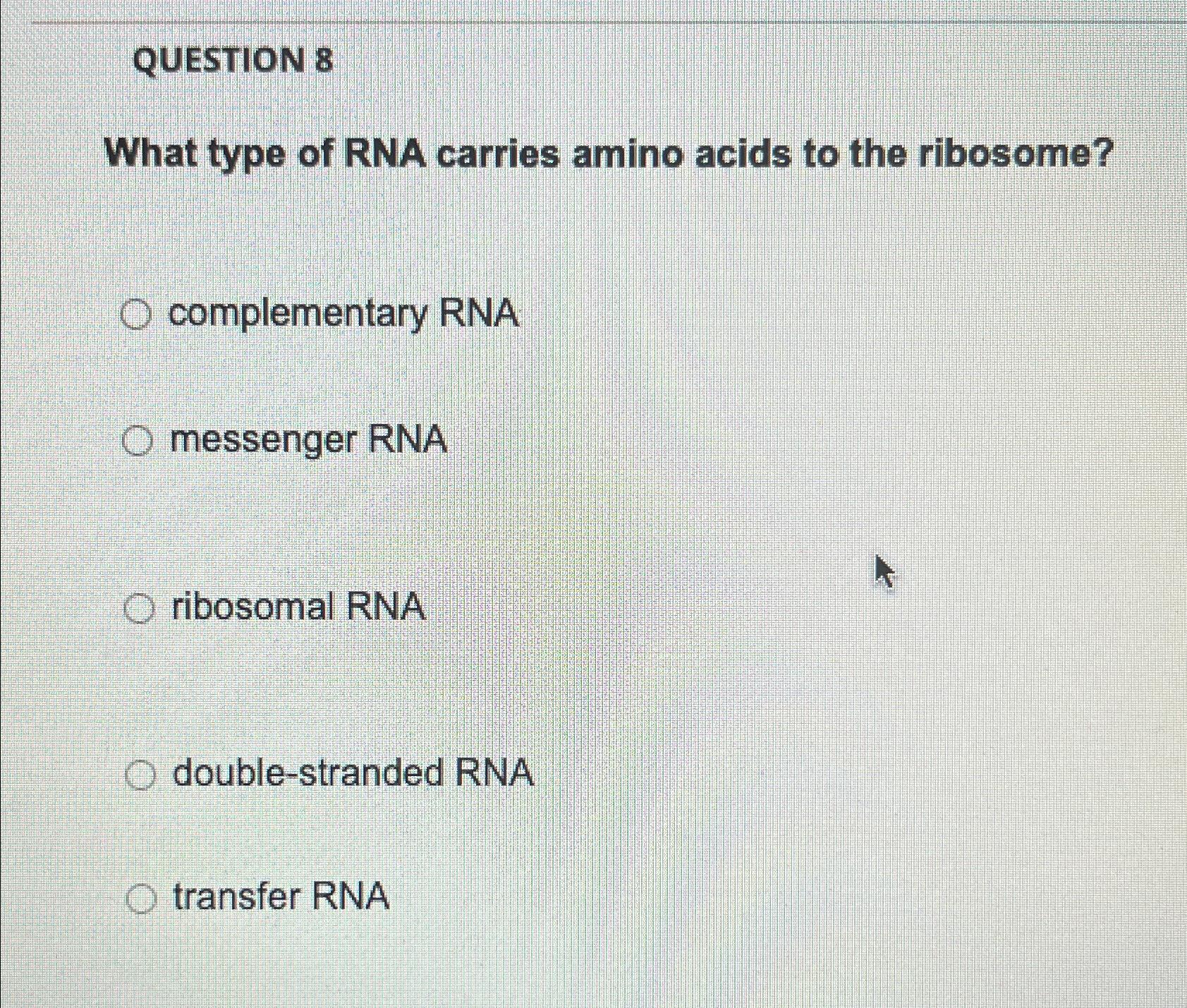 Solved QUESTION 8What type of RNA carries amino acids to the | Chegg.com