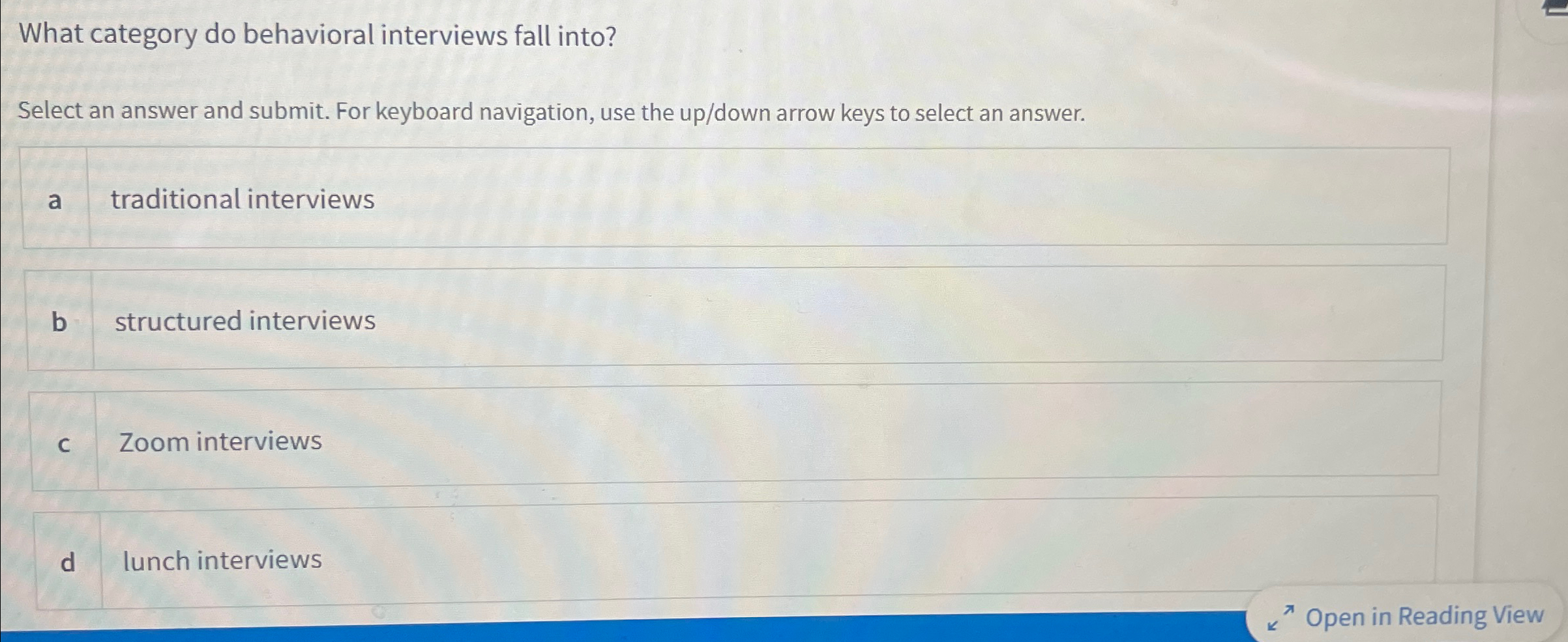 Solved What category do behavioral interviews fall | Chegg.com
