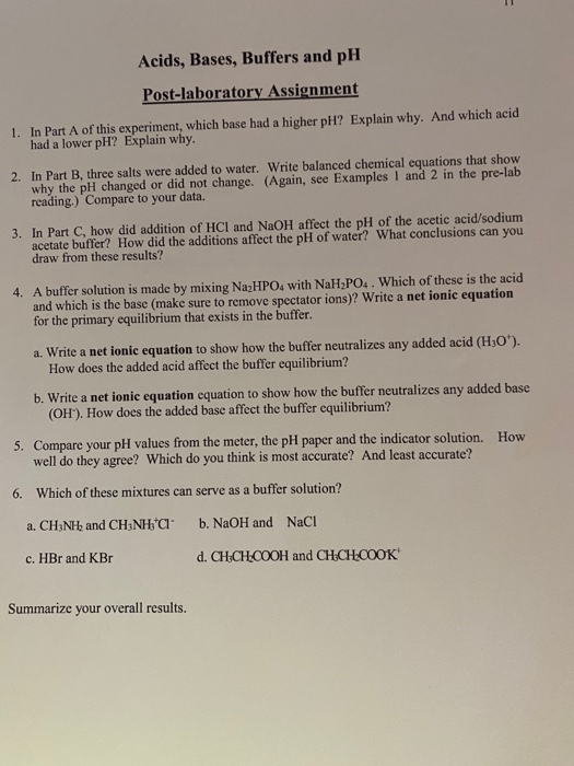 Acids, Bases, Buffers and pH Post-laboratory | Chegg.com