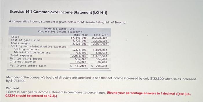 Solved Exercise 14-1 Common-Size Income Statement [LO14-1] A | Chegg.com