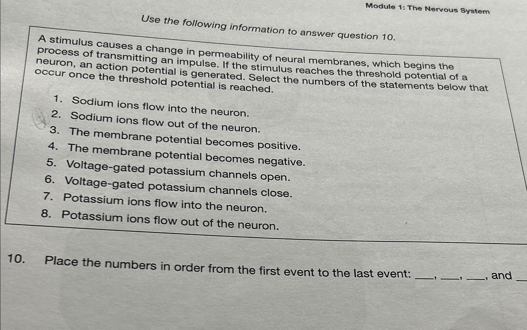 Solved Module 1: The Nervous SystemUse the following | Chegg.com