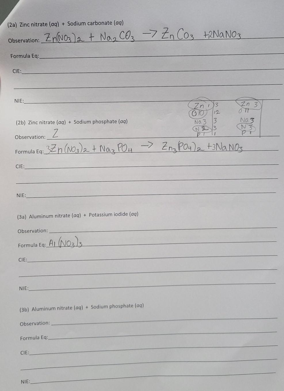 Solved (2a) Zinc nitrate (aq) + Sodium carbonate (aq) | Chegg.com