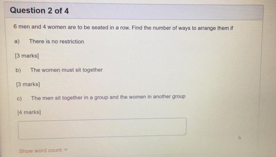 Solved Question 2 of 4 6 men and 4 women are to be seated in | Chegg.com