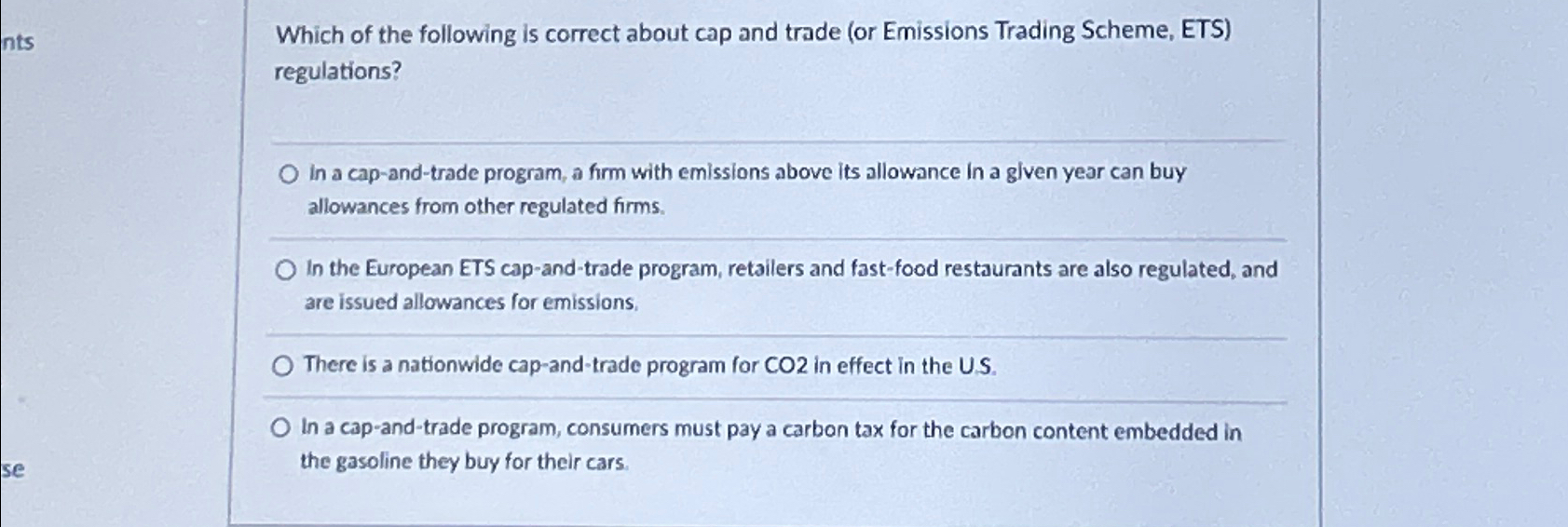 Solved Which of the following is correct about cap and trade | Chegg.com