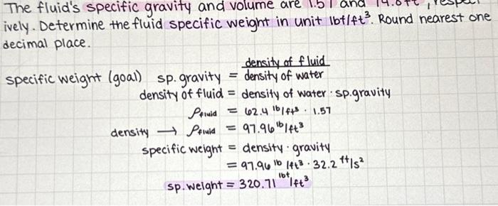 Solved The fluid's specific gravity and volume are 1.51 and | Chegg.com