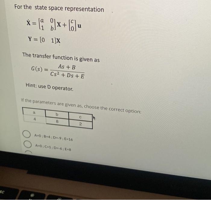 Solved For the state space representation | Chegg.com