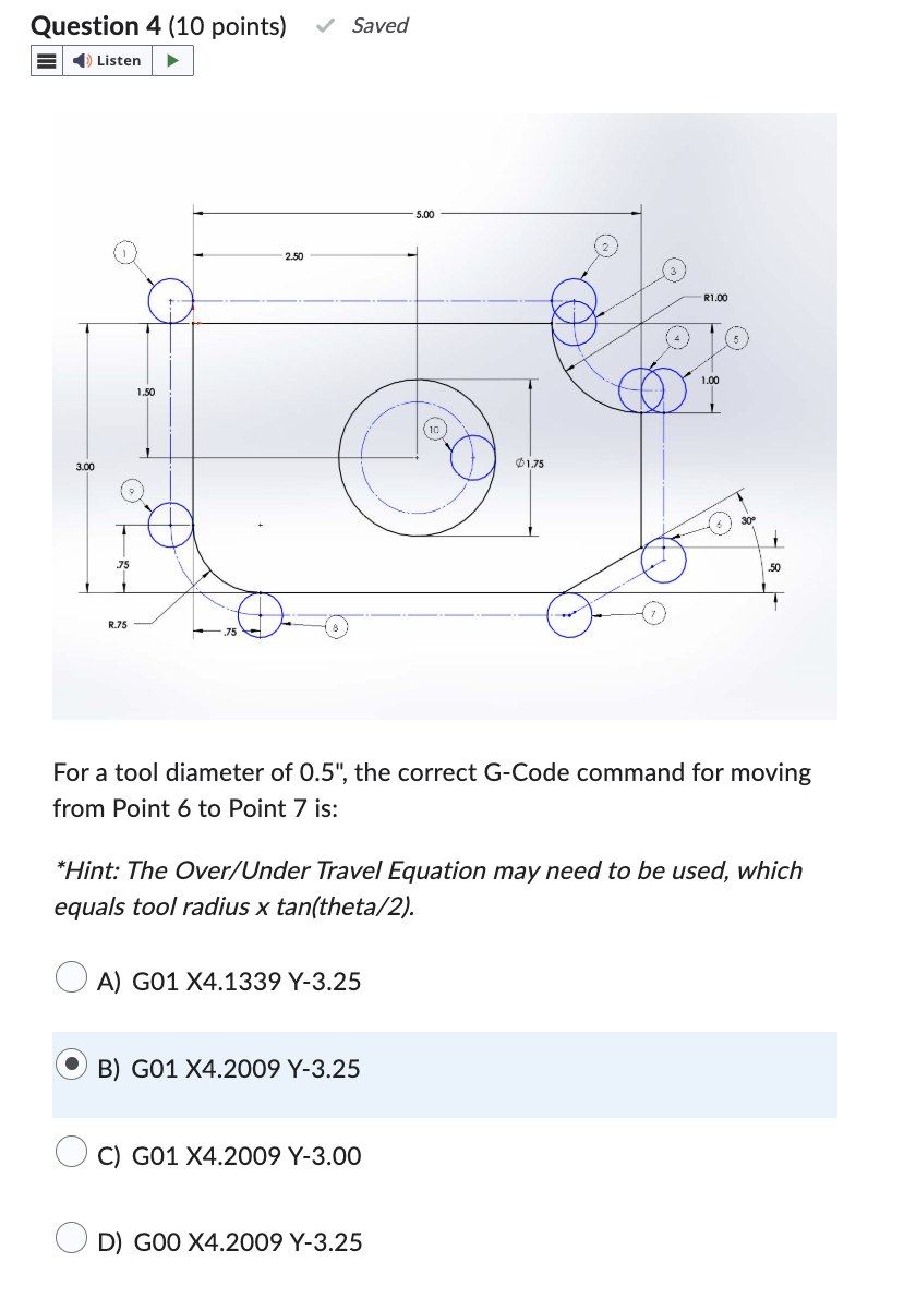 Solved Question 4 (10 ﻿points) ﻿Saved For a tool diameter | Chegg.com
