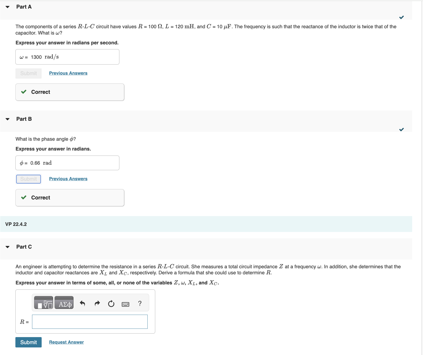 Solved Part AThe components of a series R-L-C ﻿circuit have | Chegg.com