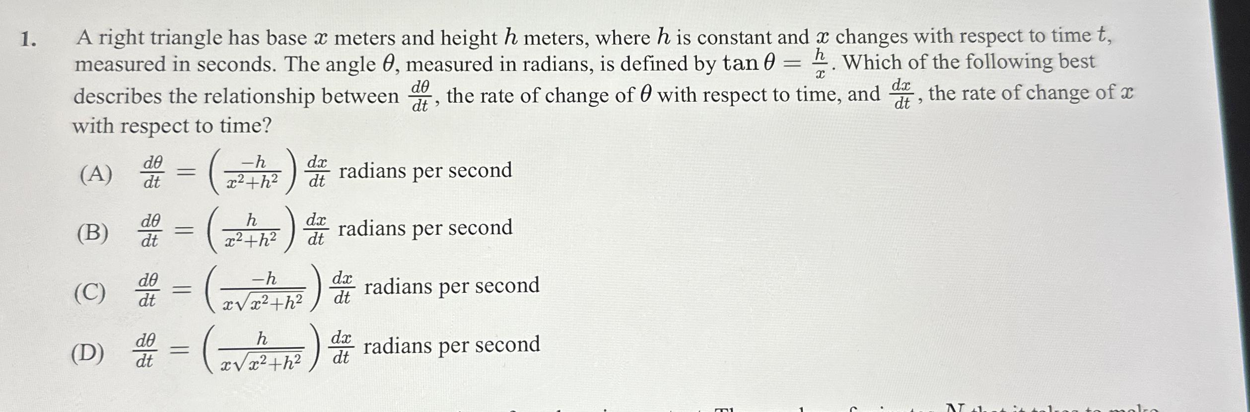 Solved A right triangle has base x ﻿meters and height h | Chegg.com