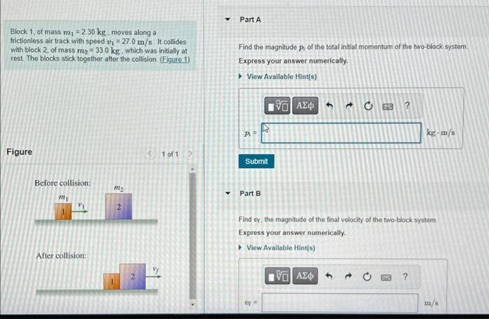 Solved Block 1, of mass m1=230 kg. moves along a | Chegg.com