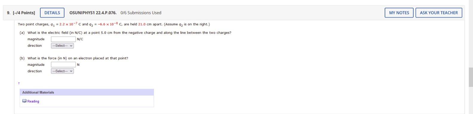 Solved Two point charges, q1=2.2×10−7C and q2=−6.6×10−8C, | Chegg.com