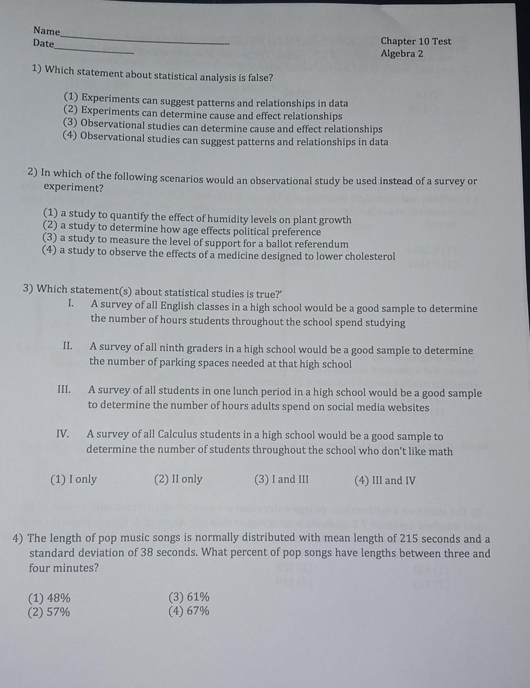 Solved Name Date Chapter 10 Test Algebra 2 1 Which Chegg