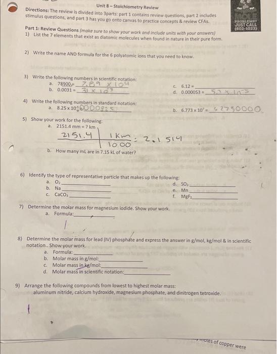 Solved Unit 8 - Stoichiometry Review Directions: The review | Chegg.com