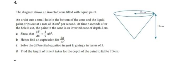 Solved The diagram shows an inverted cone filled with liquid | Chegg.com