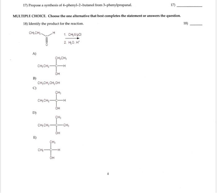 Solved 17) Propose a synthesis of 4-phenyl-2-butanol from | Chegg.com