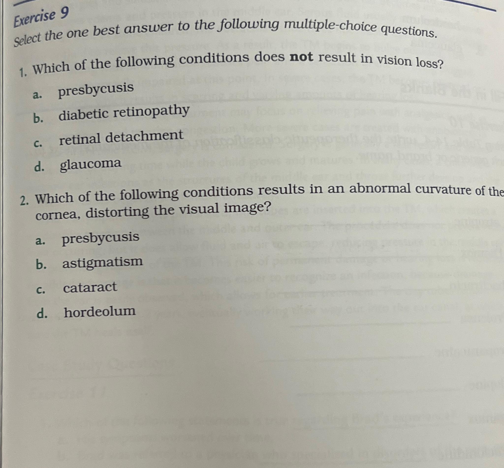 Solved Exercise 9select the one best answer to the following | Chegg.com
