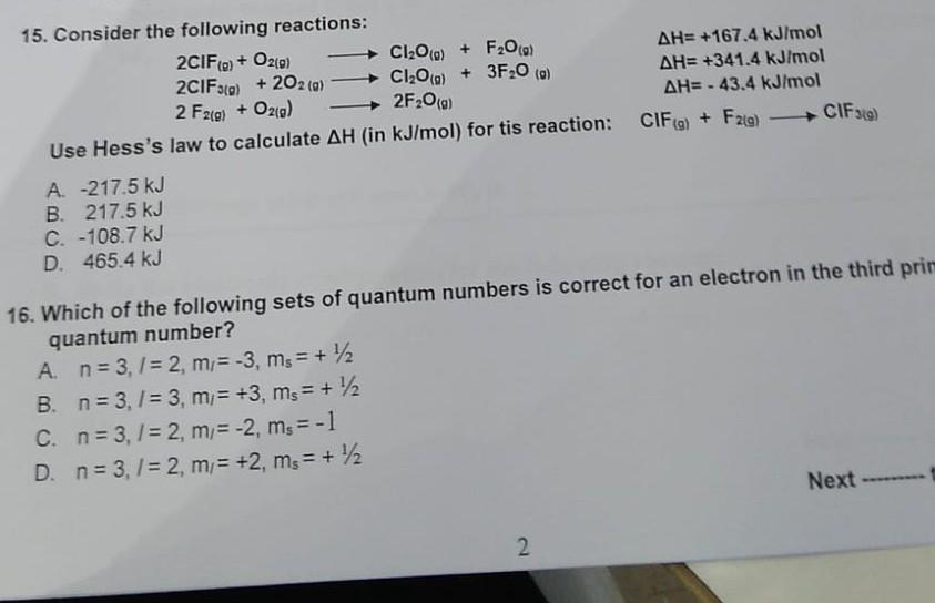 Solved 15. Consider the following reactions: 2CIF(g) + O2(g) | Chegg.com