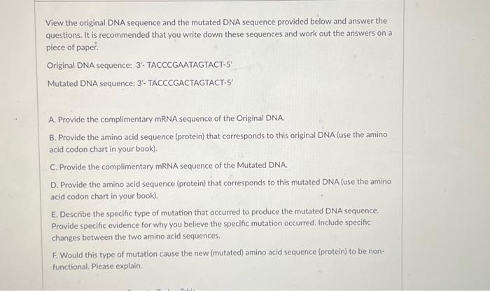 Solved View the original DNA sequence and the mutated DNA | Chegg.com