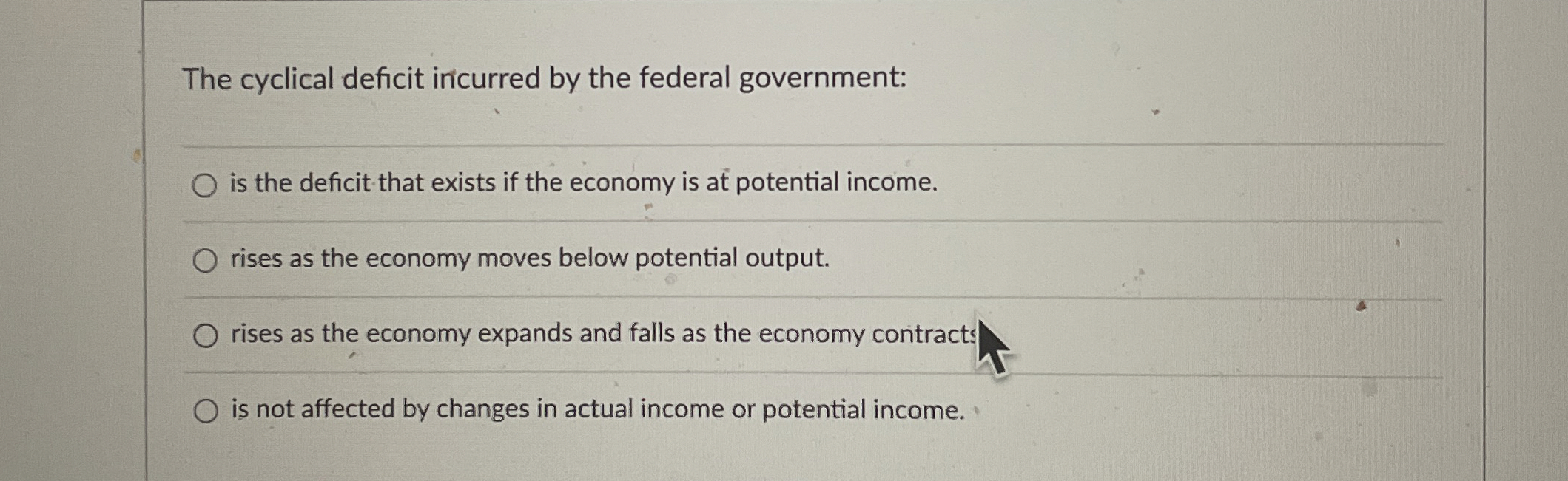 Solved The cyclical deficit iricurred by the federal | Chegg.com