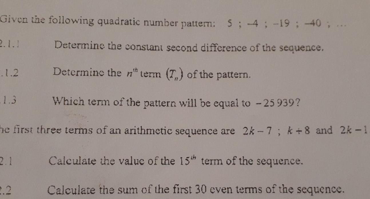 Solved Given the following quadratic number pattern: 5; 4; | Chegg.com