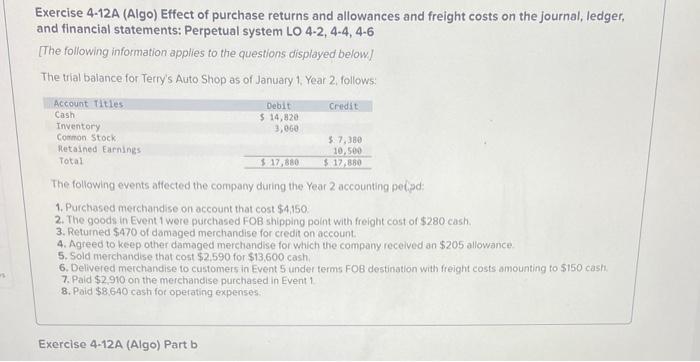 Solved Exercise 4-12A (Algo) Effect of purchase returns and | Chegg.com
