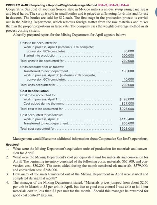 Solved PROBLEM 4-18 Interpreting a Report-Weighted-Average | Chegg.com