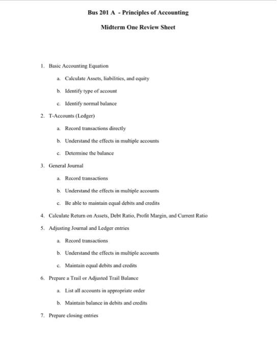 Solved Bus 201 A - Principles of Accounting Midterm One | Chegg.com