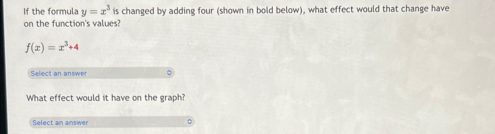 Solved If the formula y=x3 ﻿is changed by adding four (shown | Chegg.com