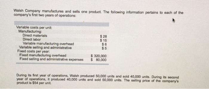Solved During its first year of operations, Walsh produced | Chegg.com