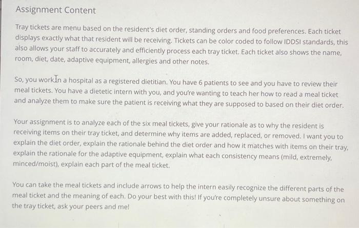 Tray tickets are menu based on the resident's diet | Chegg.com