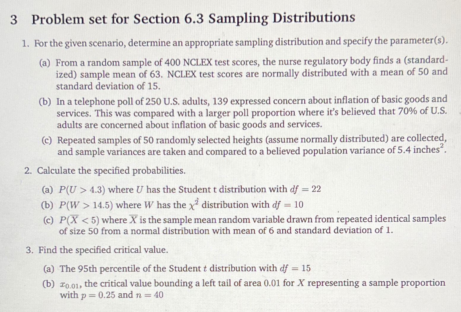 3 ﻿Problem set for Section 6.3 ﻿Sampling | Chegg.com