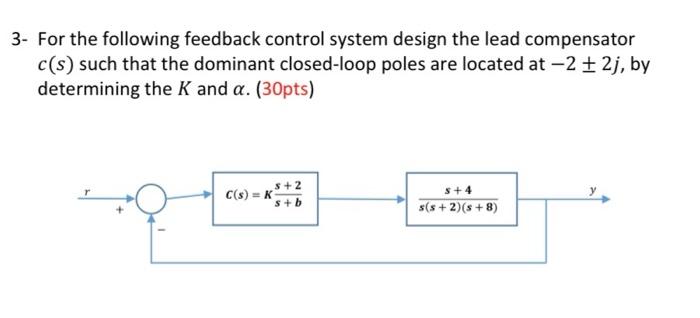 Solved For the following feedback control system design the | Chegg.com