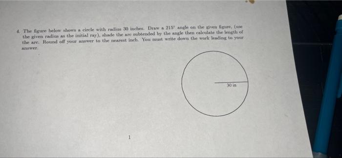 Solved 4. The figure below shows a circle with radius 30 | Chegg.com