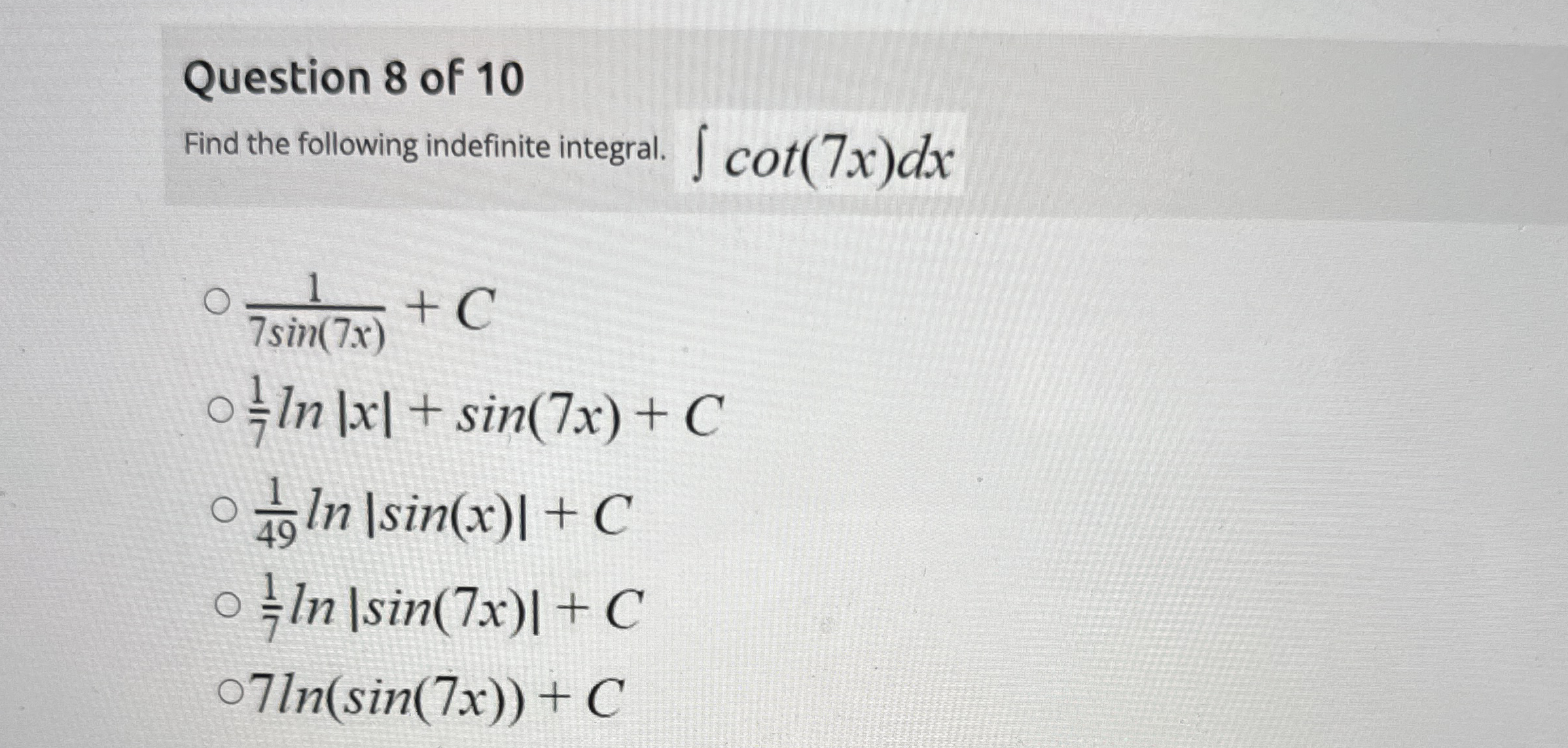 Solved Question 8 ﻿of 10Find the following indefinite | Chegg.com