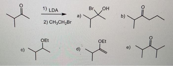 Solved 1) LDA Br. ОН a) b) 2) CH3CH2Br OEt OEt e) c) d) | Chegg.com