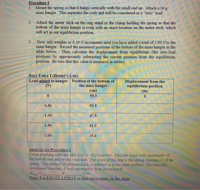 Procedure I 1. Mount the spring so that it hangs | Chegg.com