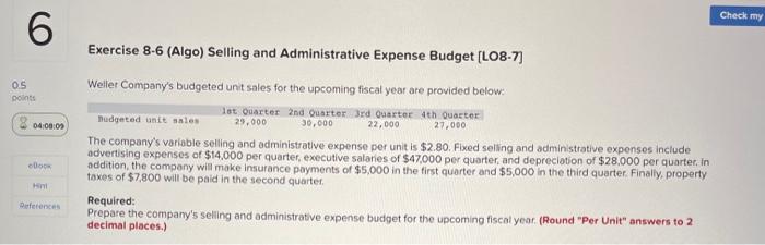 Solved Exercise 8-6 (Algo) Selling and Administrative | Chegg.com