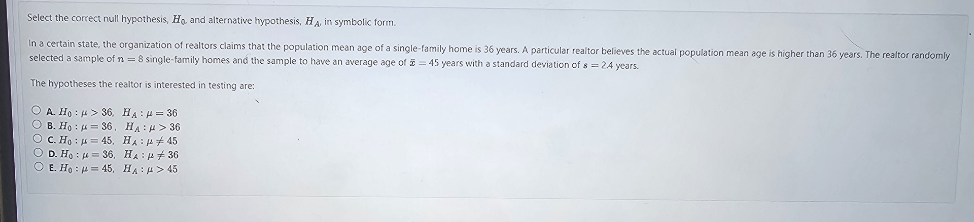 Solved Select the correct null hypothesis, H0, ﻿and | Chegg.com