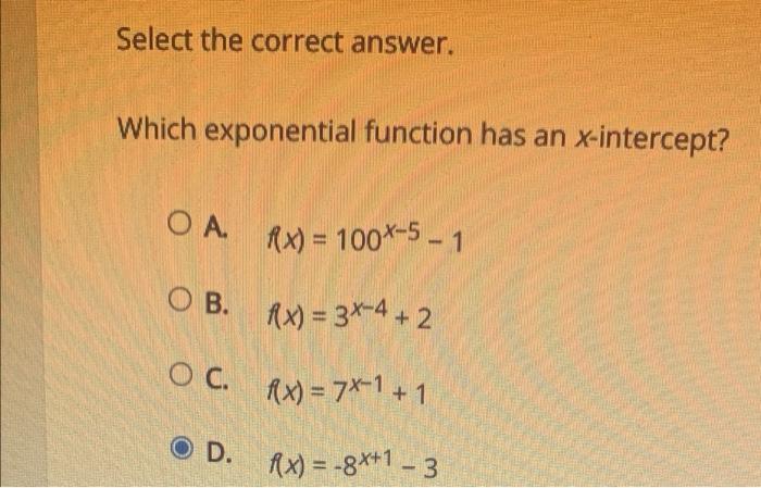 Solved Select the correct answer. Which exponential function | Chegg.com