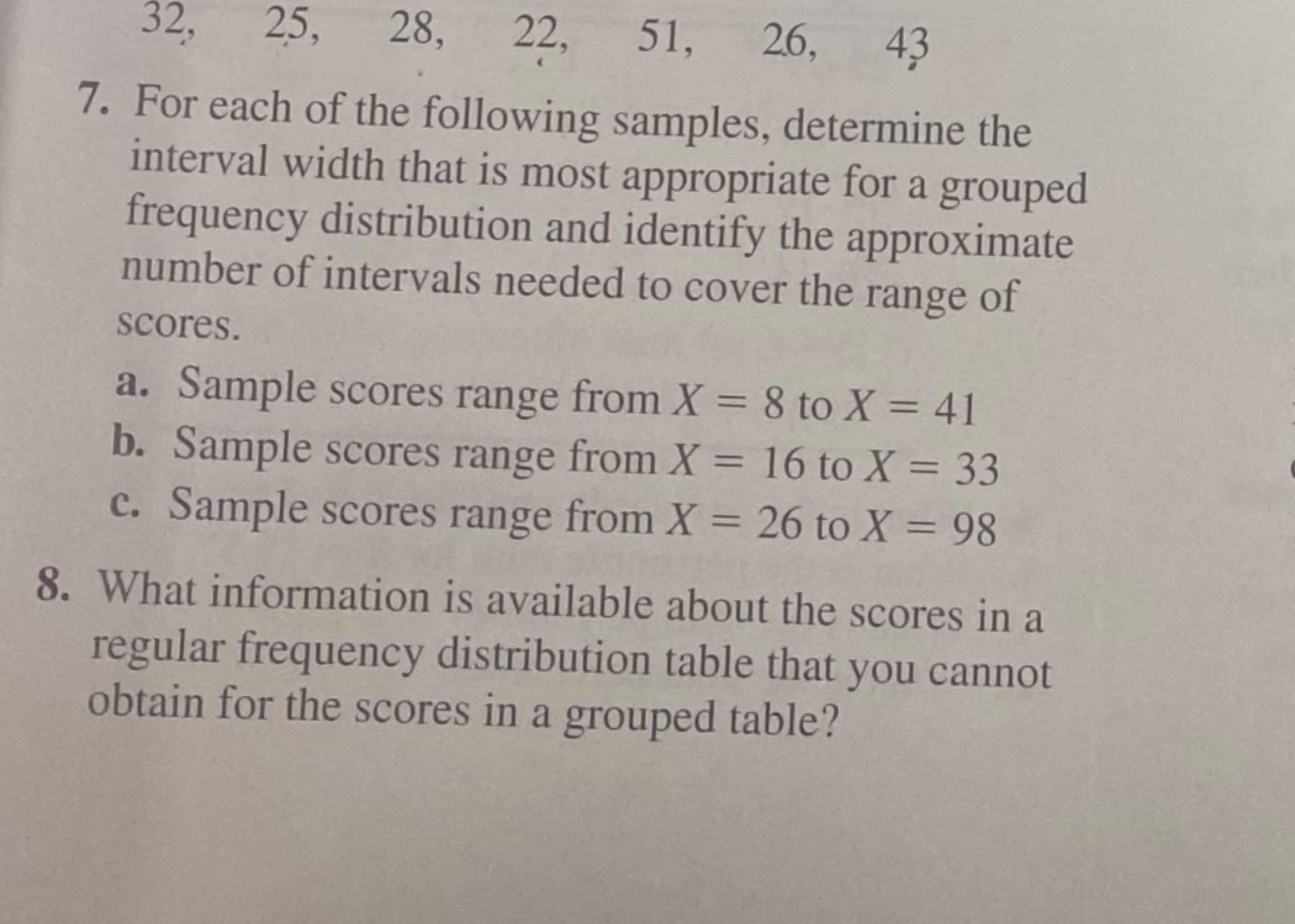 Solved 32,25,28,22,51,26,43For each of the following | Chegg.com