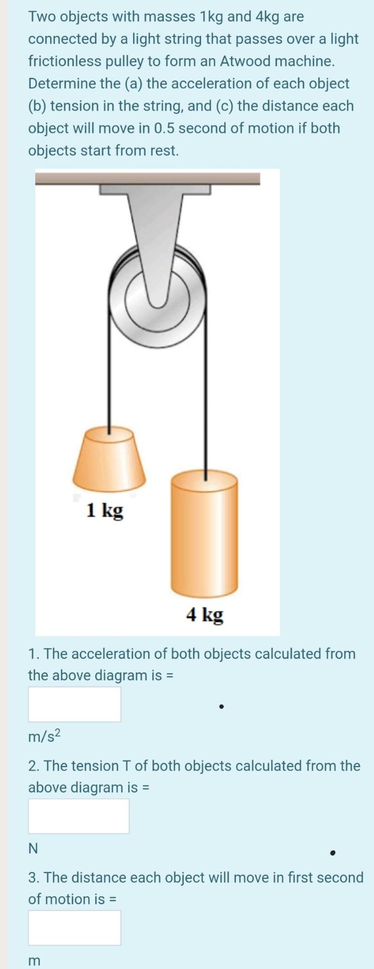 Solved Two objects with masses 1kg and 4kg are connected by | Chegg.com