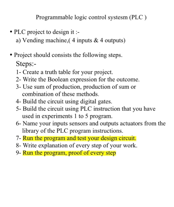 Programmable logic control system (PLC) PLC project | Chegg.com