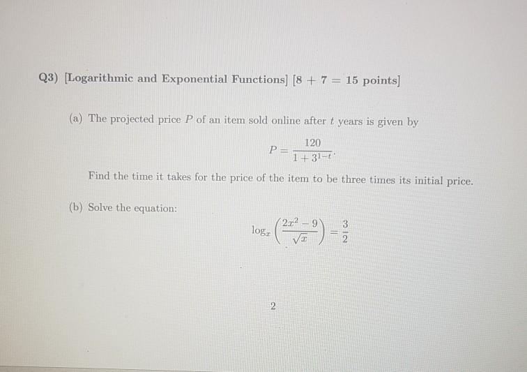 Solved Q3) [Logarithmic and Exponential Functions) (8 + 7 = | Chegg.com