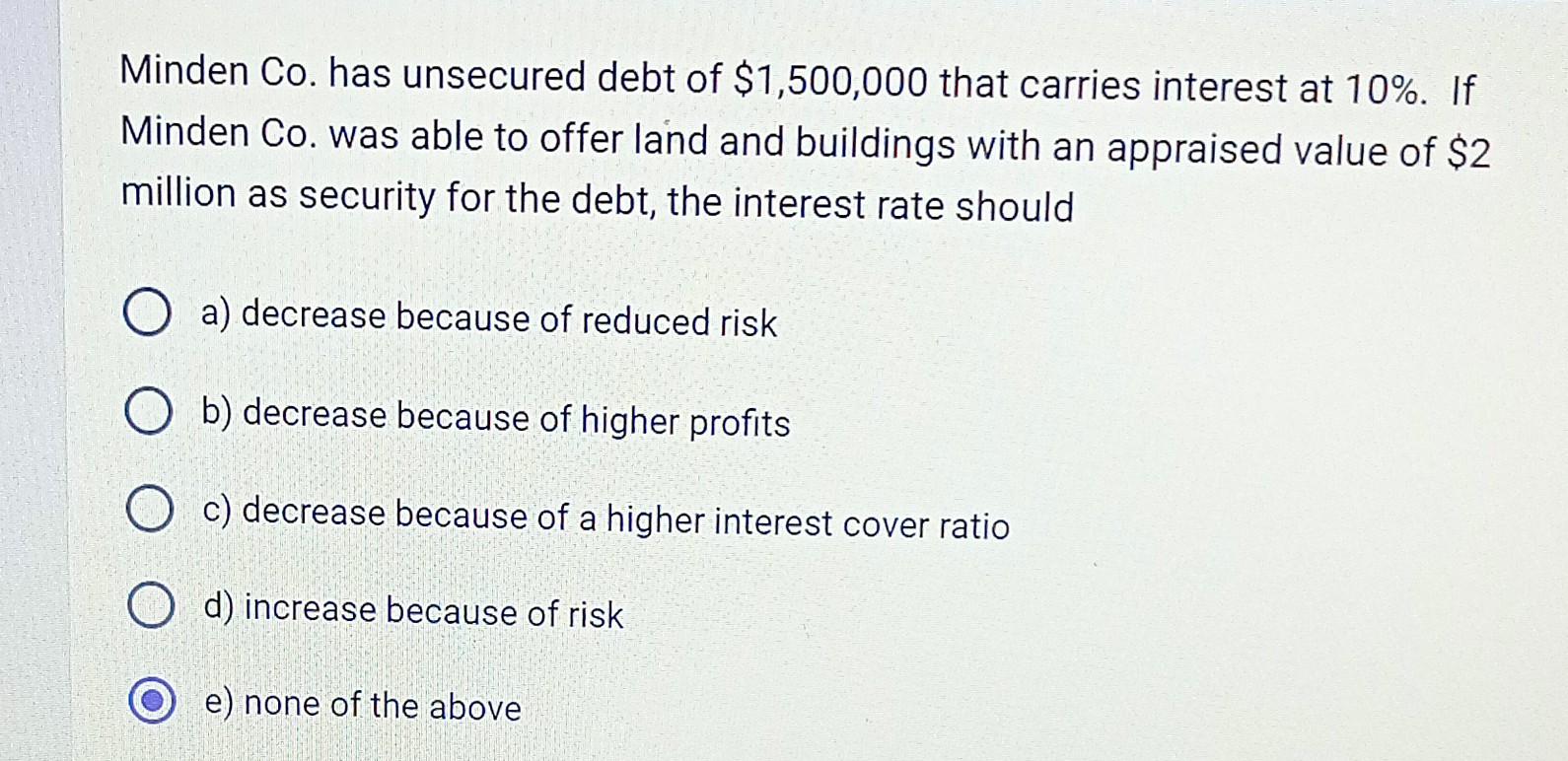 Solved Minden Co. has unsecured debt of $1,500,000 that | Chegg.com