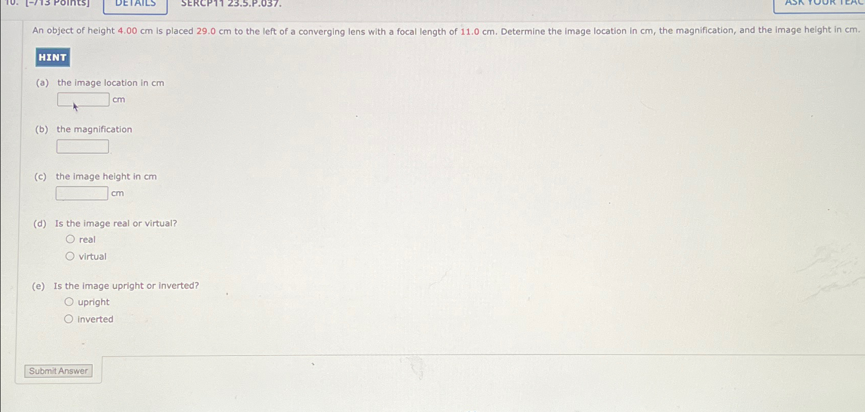 Solved An object of height 4.00cm ﻿is placed 29.0cm ﻿to the | Chegg.com