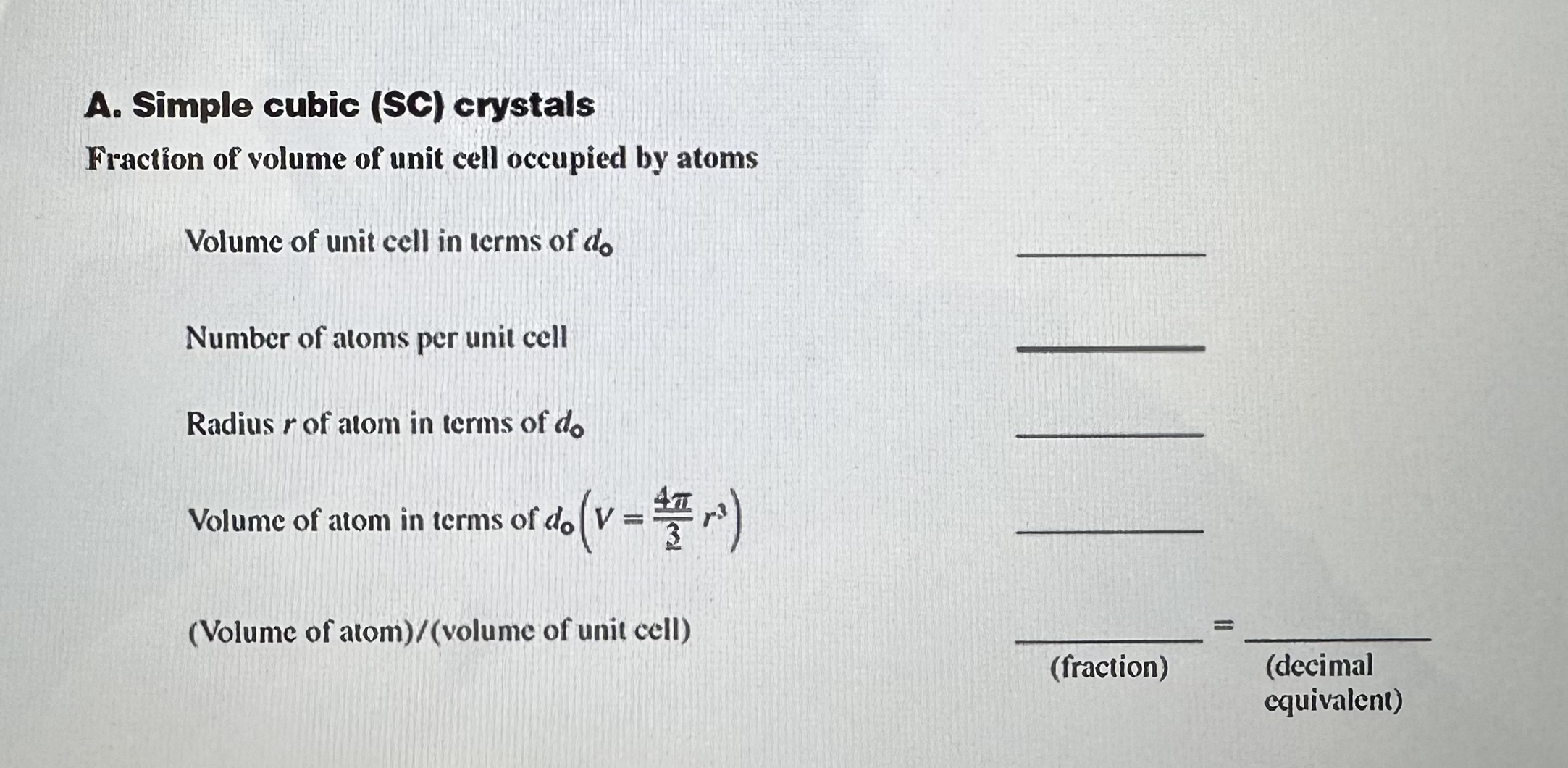 Solved A. ﻿Simple cubic (SC) ﻿crystalsFraction of volume of | Chegg.com
