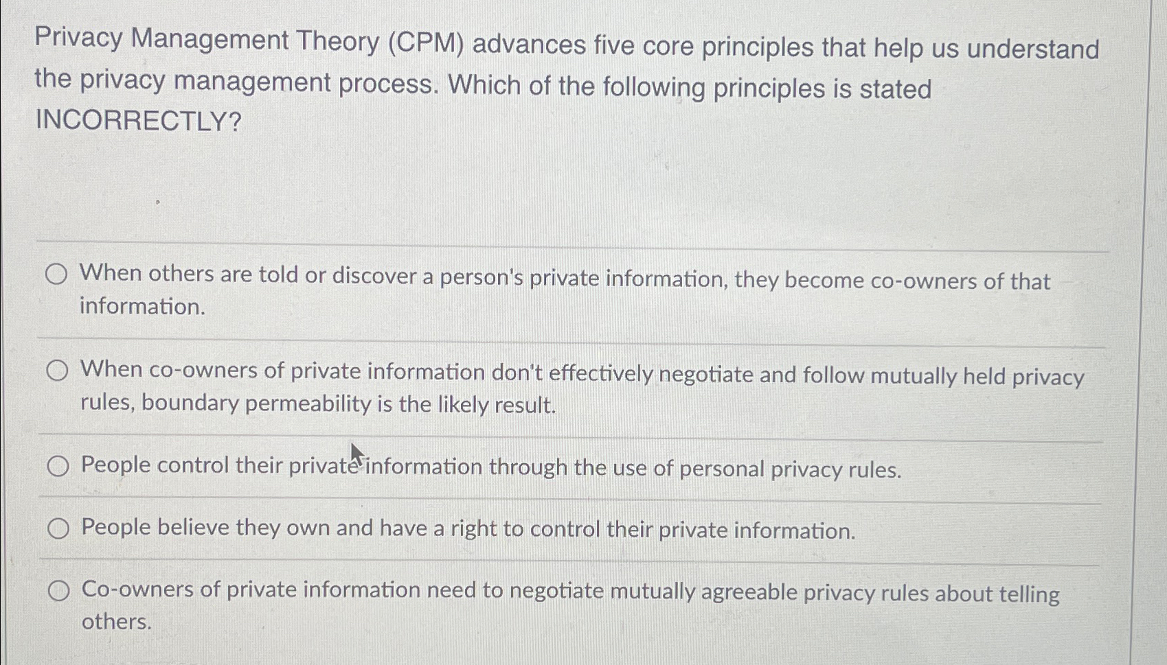 Solved Privacy Management Theory (CPM) ﻿advances five core | Chegg.com